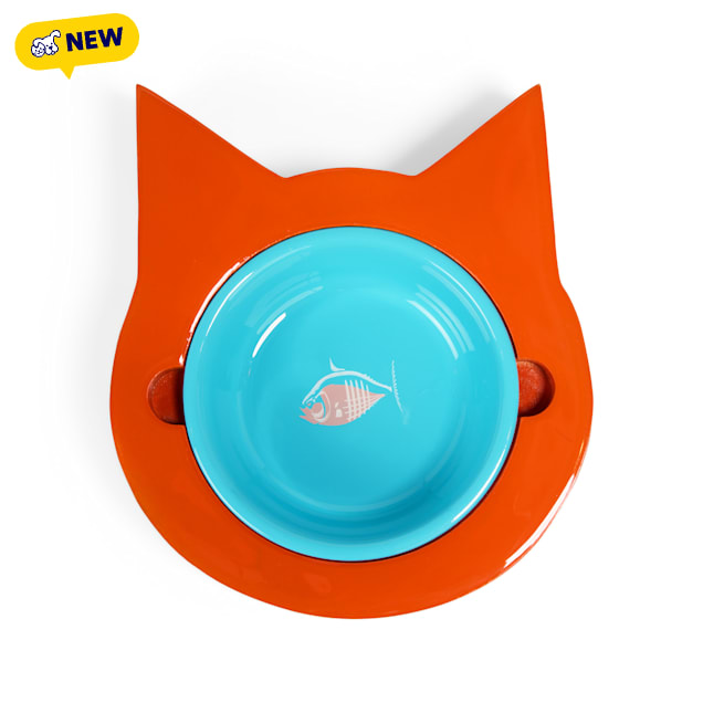 Petco Cat and Fish Wood and Stainless Steel Cat Bowl, Orange & Blue, 0. ...