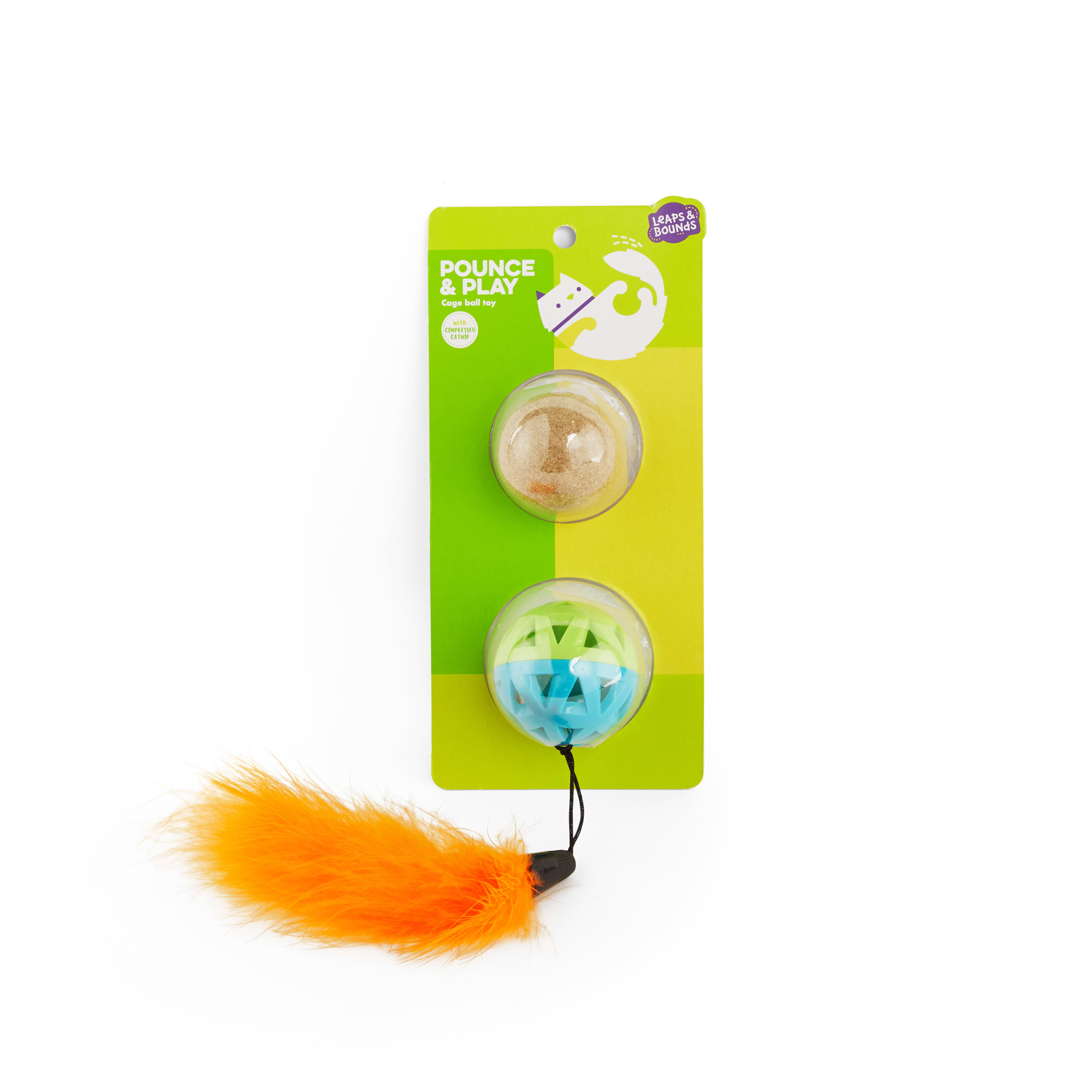 Leaps & Bounds Compressed Catnip Cage Ball with Feather Tail Toy, Small ...