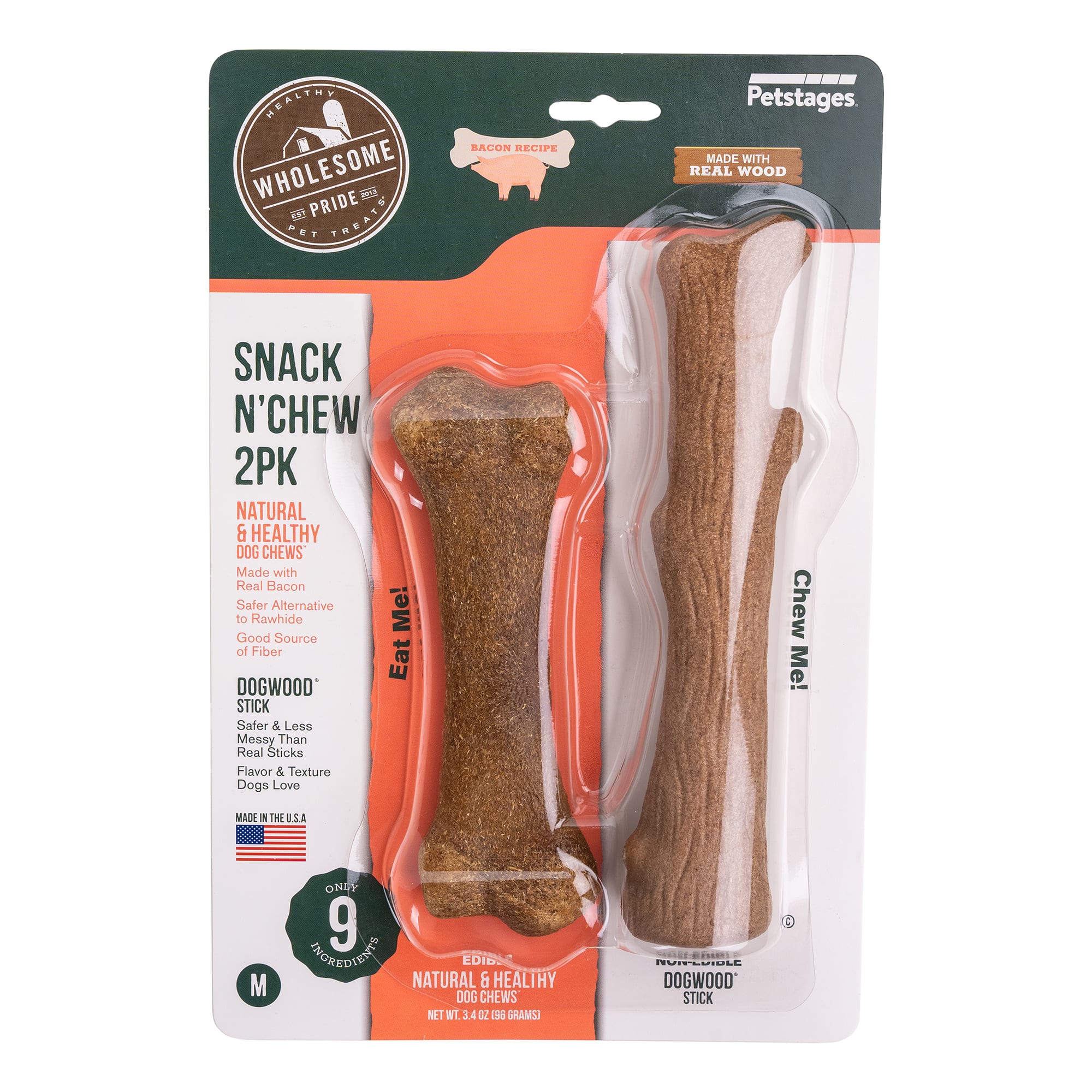 Wholesome Pride Snack N' Chew Bacon Edible Dogwood Stick & Chew Toys ...