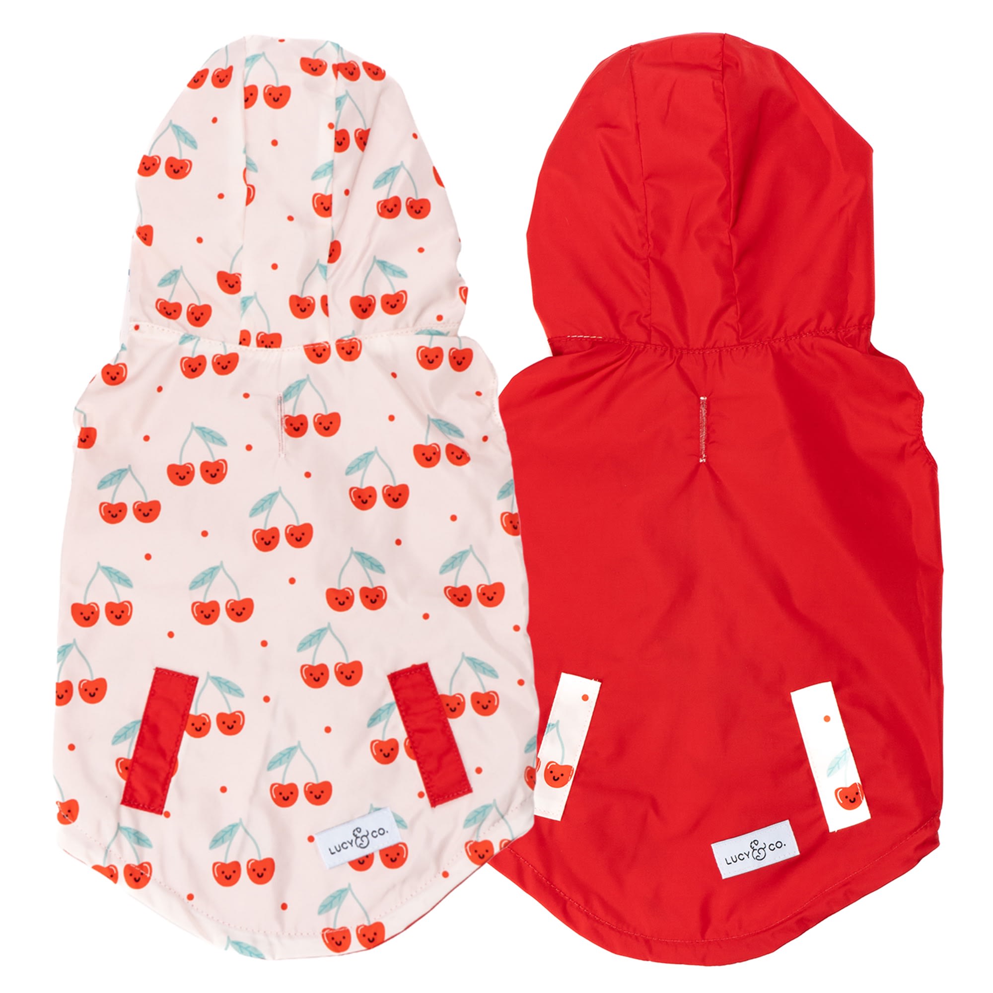 Lucy & Co. Cherry Cherries Reversible Dog Raincoat, Large, Red | Petco