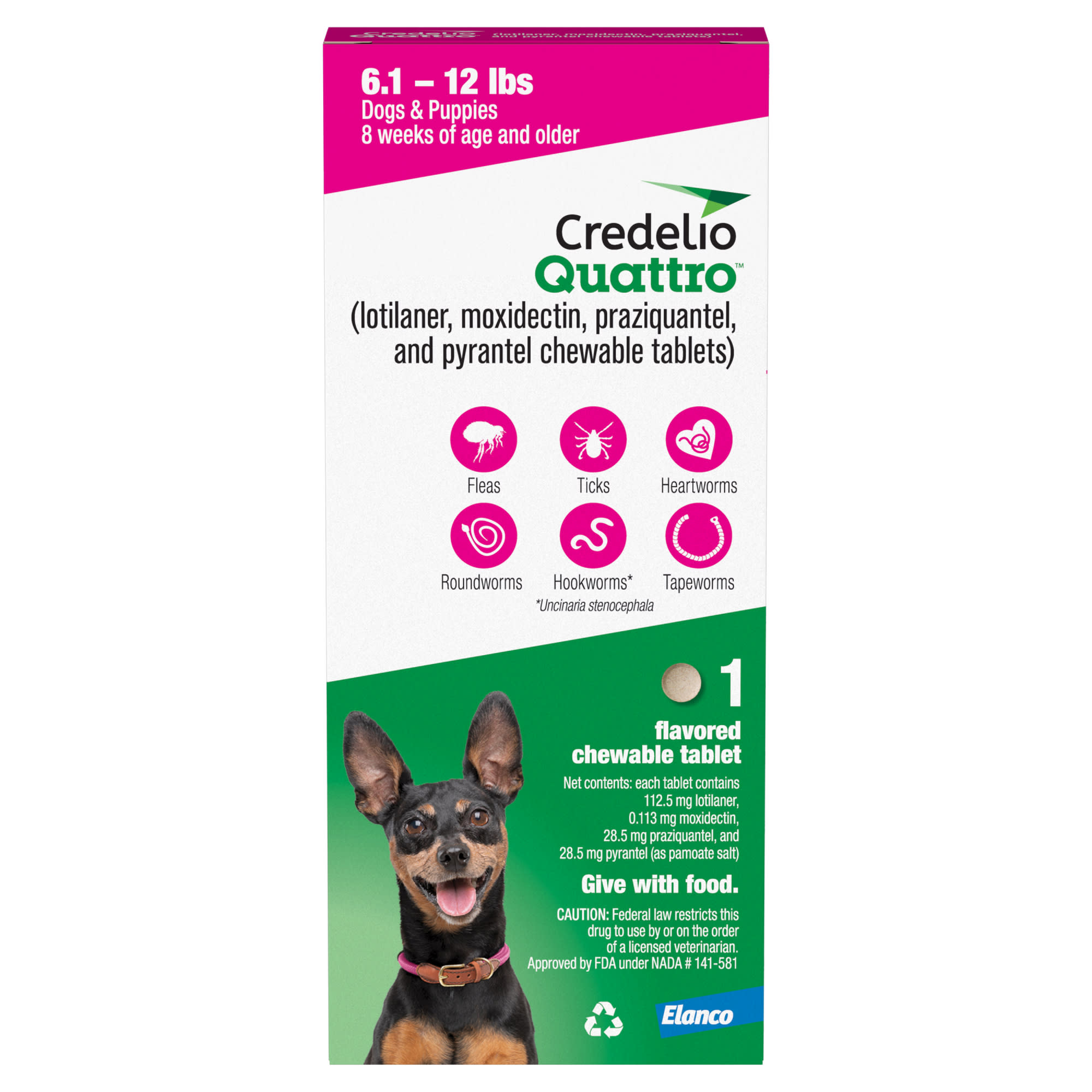 Credelio Quattro Chewable Tablets Dogs 6.1-12 lbs, 6-in-1 Parasite ...