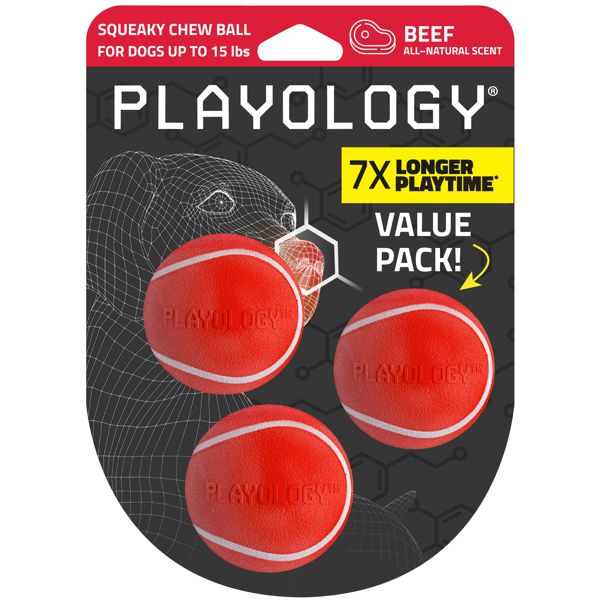 Playology Beef Scented Squeaky Chew Ball Dog Toy, Small, Pack of 3 | Petco