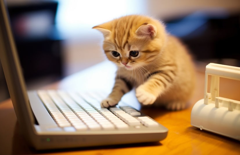 A kitten typing on a laptop.